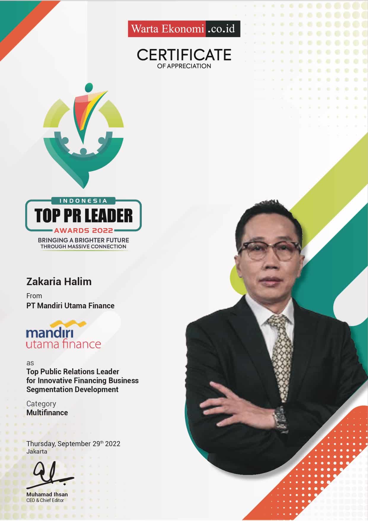 Indonesia Top PR Leader Awards 2022 dari Warta Ekonomi | Mandiri Utama Finance
