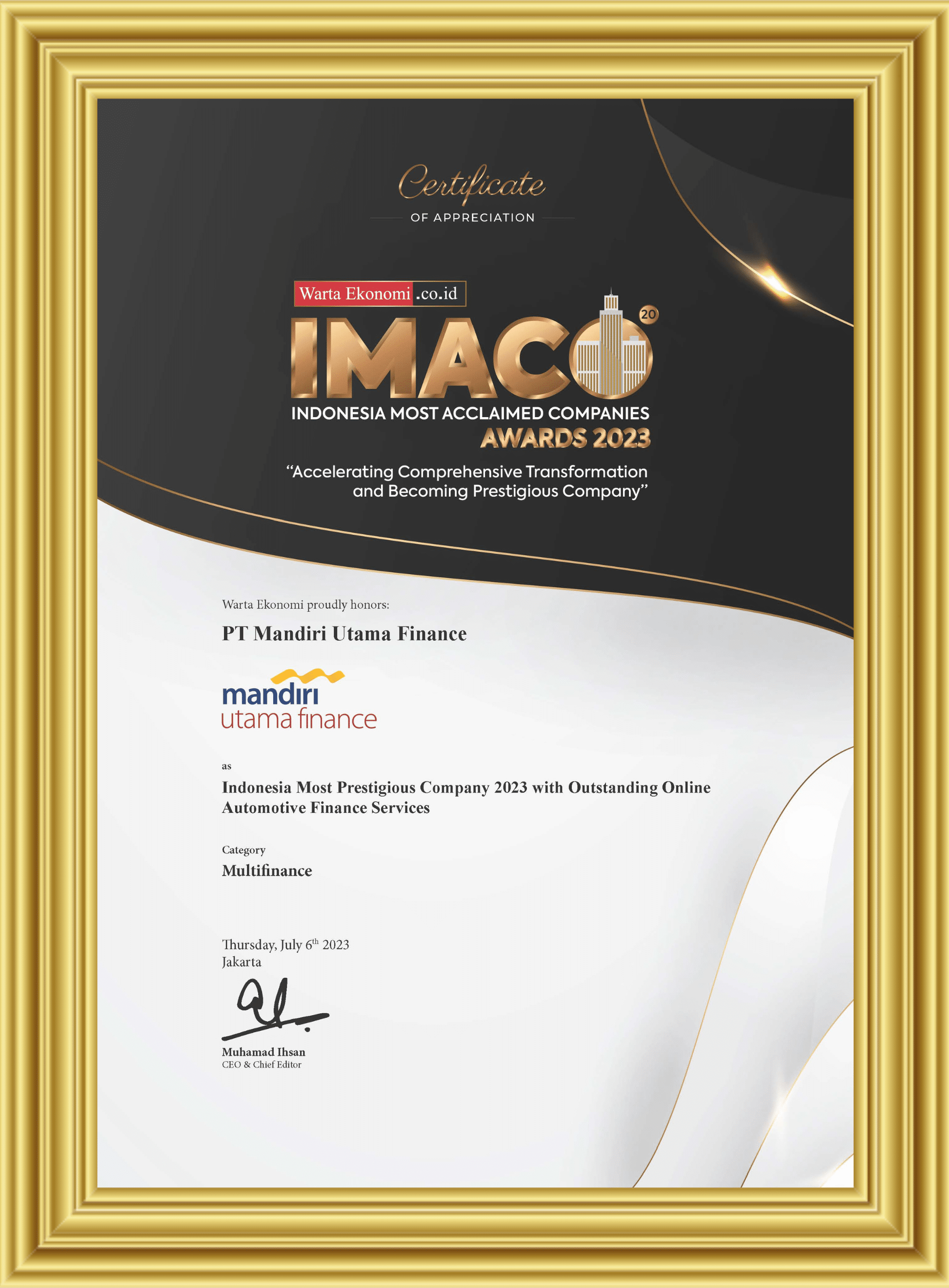 Indonesia Most Acclaimed Companies Awards 2023 dari Warta Ekonomi | Mandiri Utama Finance