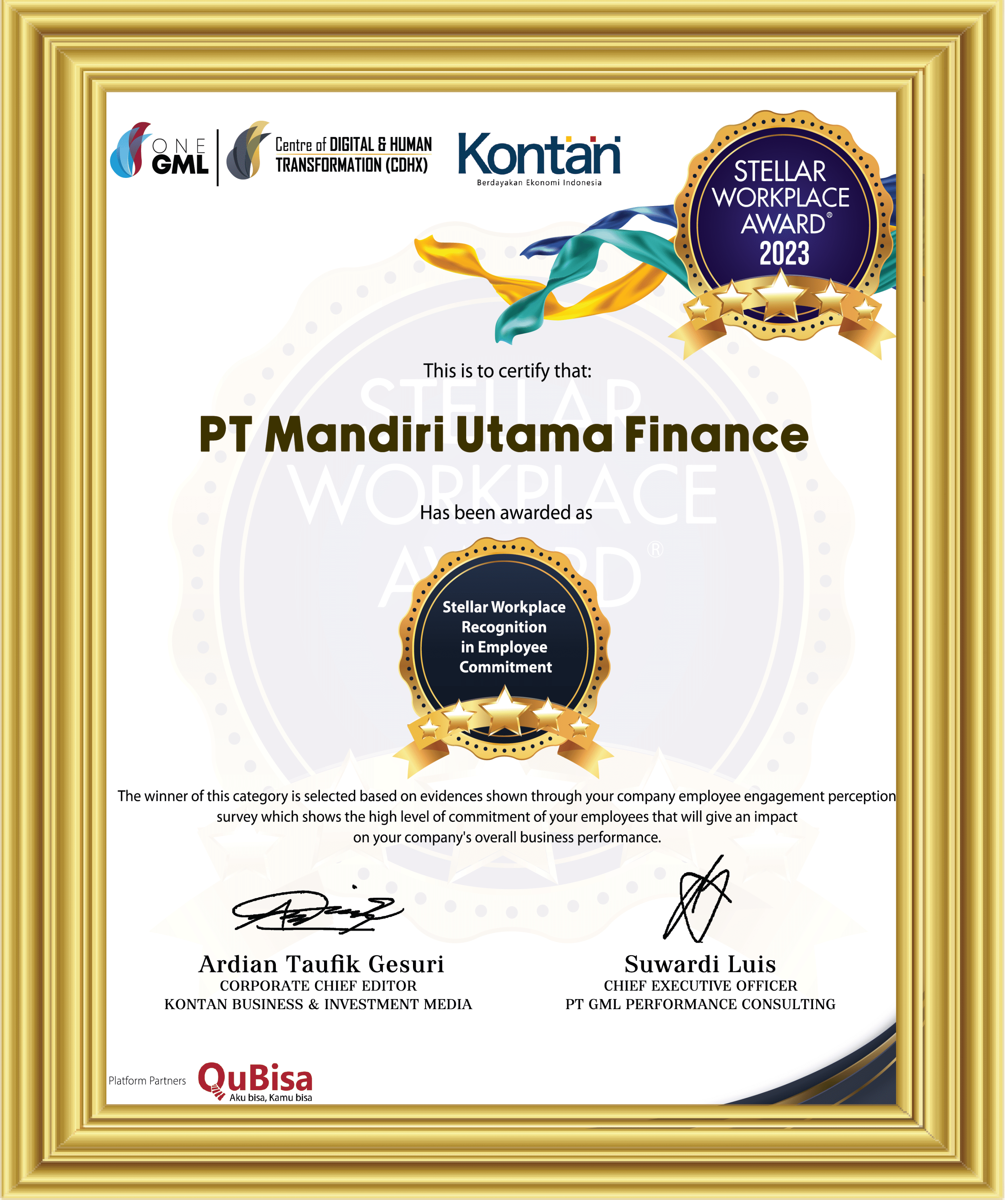 Stellar Workplace Award 2023 dari Kontan Business - Employee Commitment | Mandiri Utama Finance