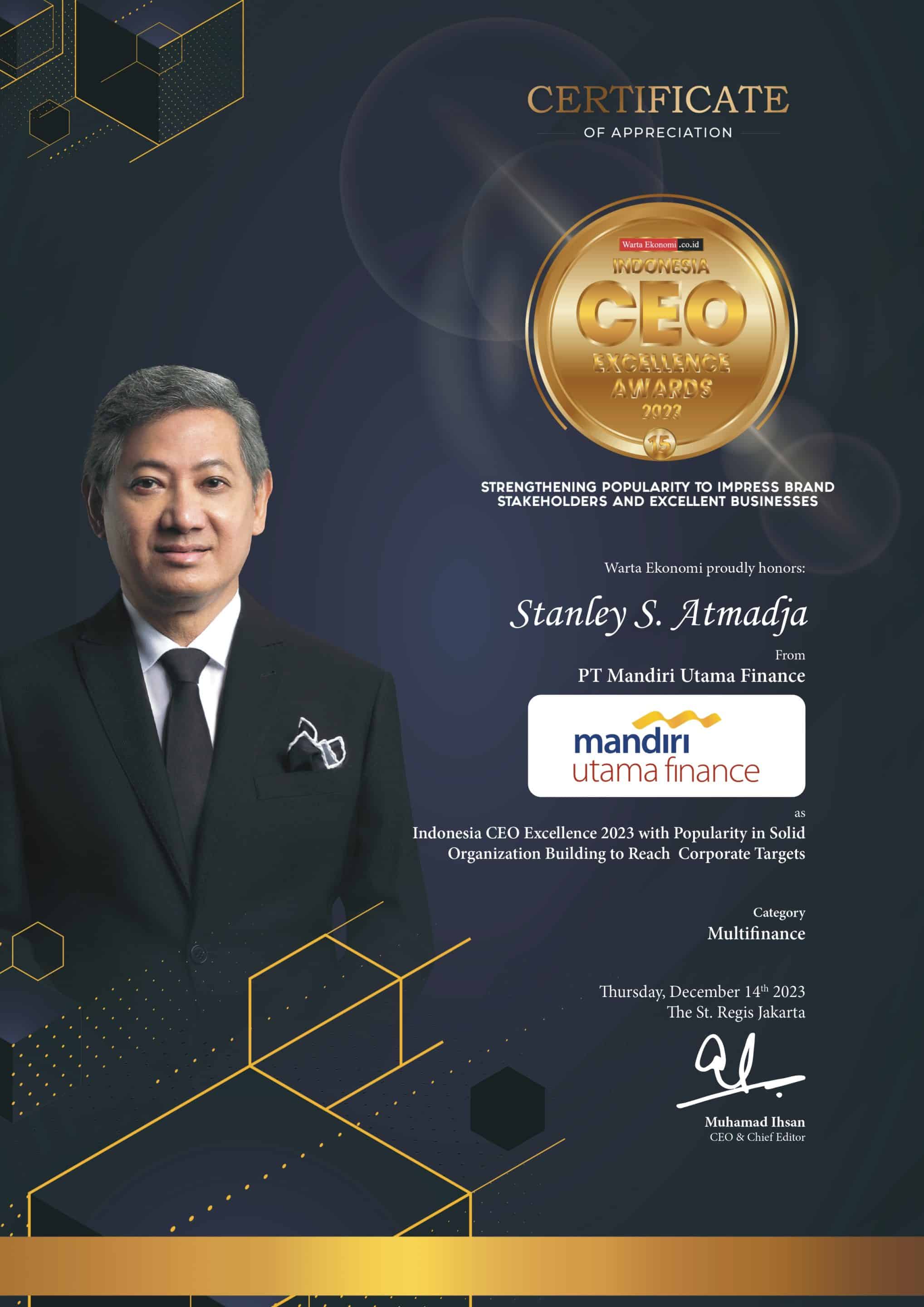 Indonesia CEO Excellence Awards 2023 dari Warta Ekonomi | Mandiri Utama Finance