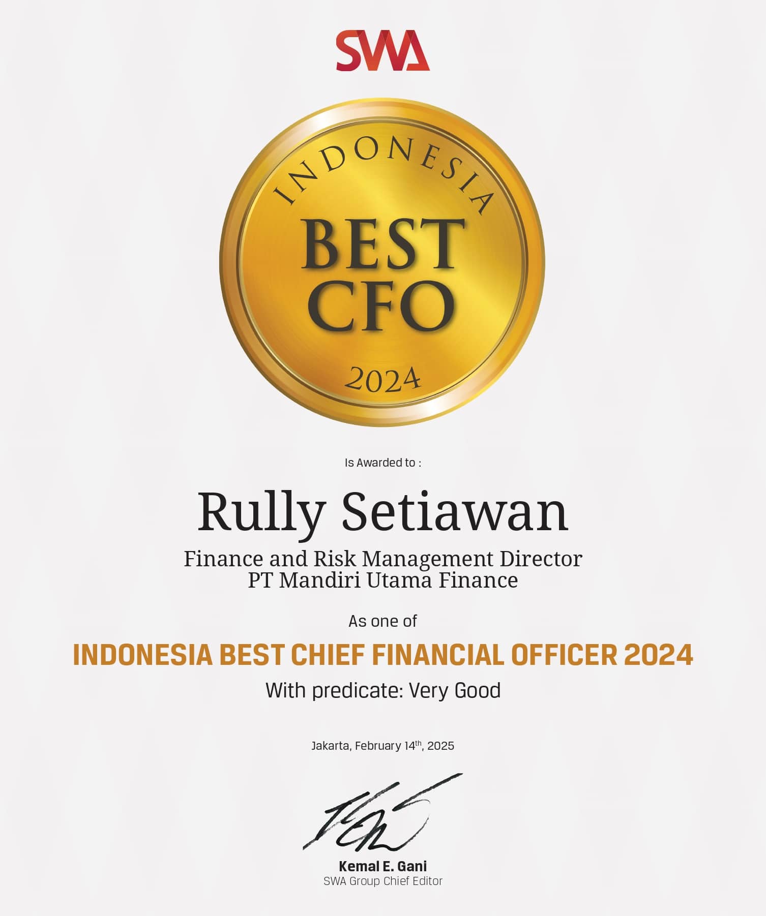 Indonesia Best CFO 2024 dari SWA Media Group | Mandiri Utama Finance